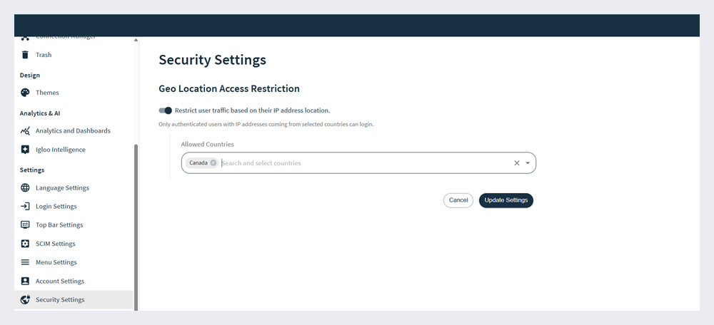 Security Settings page – Igloo Flex