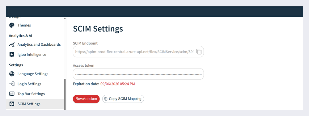 SCIM Settings page – Igloo Flex